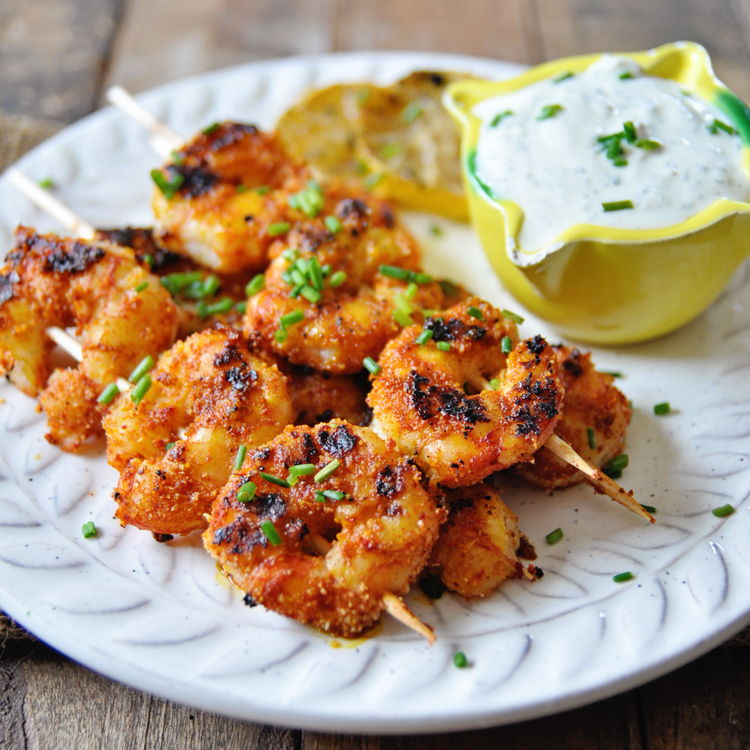 Spanish-Spiced Shrimp Kabobs with Lemon Yogurt Aioli - Spain on a Fork
